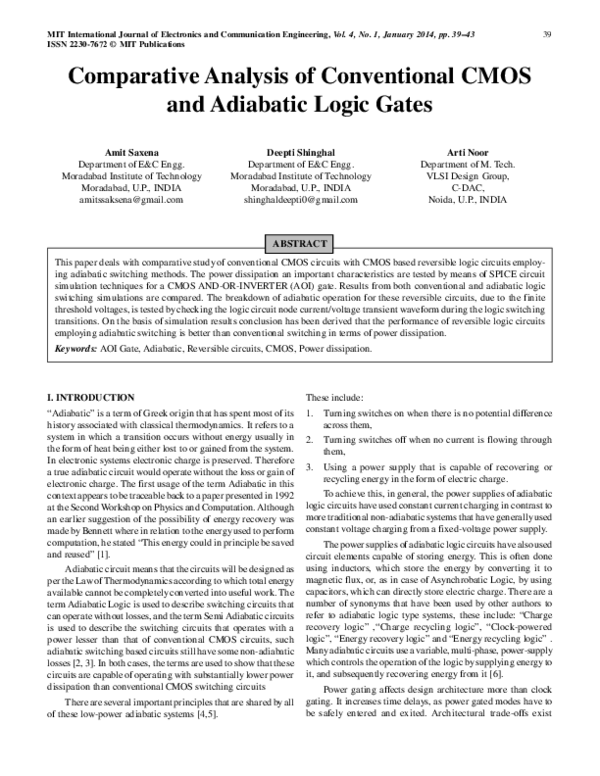(PDF) Comparative Analysis of Conventional CMOS and Adiabatic Logic Gates