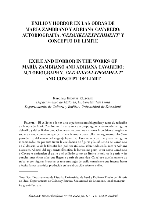 (PDF) Exilio y horror en las obras de María Zambrano y Adriana Cavarero