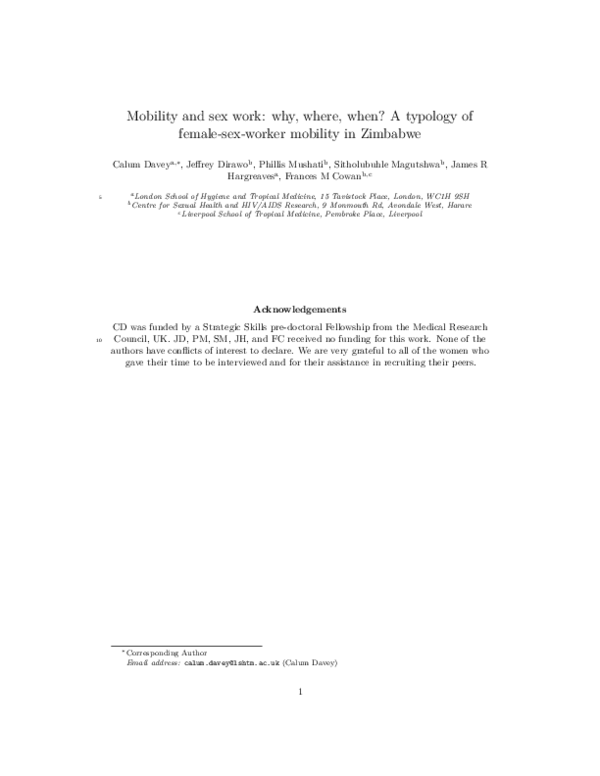 Pdf Mobility And Sex Work Why Where When A Typology Of Female Sex