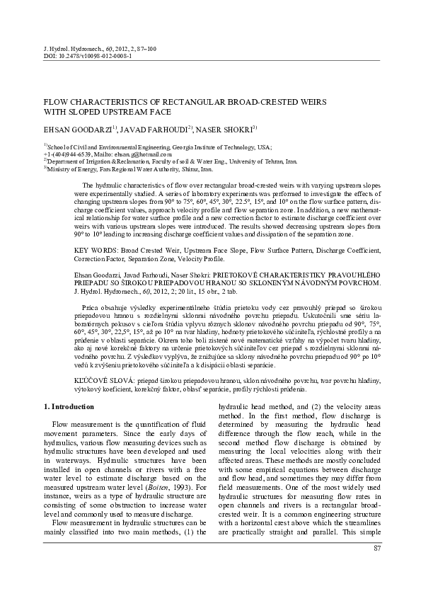 (PDF) Flow Characteristics of Rectangular Broad-Crested Weirs with Sloped Upstream Face