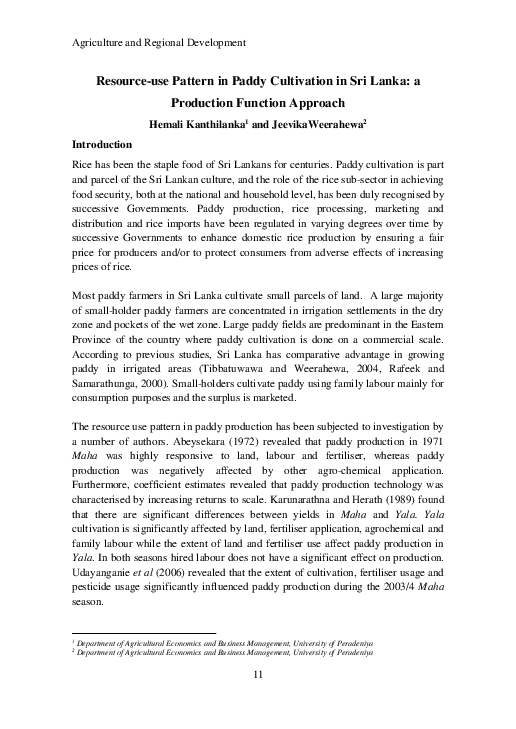 (PDF) Resource-use Pattern in Paddy Cultivation in Sri Lanka: a Production Function Approach ...