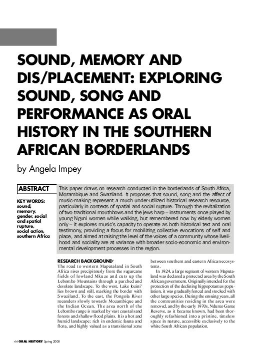 (PDF) Sound, Memory and Dis/Placement: Exploring Sound, Song and ...