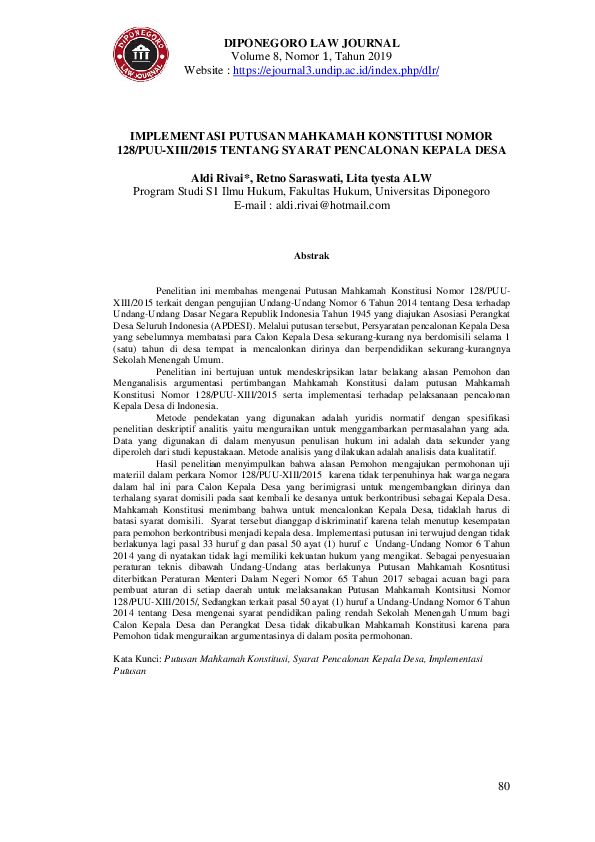 (PDF) Implementasi Putusan Mahkamah Konstitusi Nomor 128/PUU-XIII/2015 Tentang Syarat Pencalonan ...