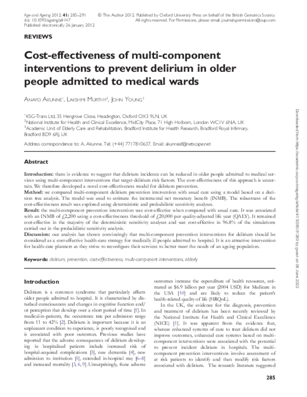 (PDF) Cost-effectiveness of multi-component interventions to prevent delirium in older people ...