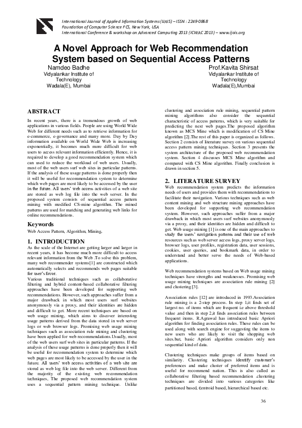 Pdf A Novel Approach For Web Recommendation System Based On