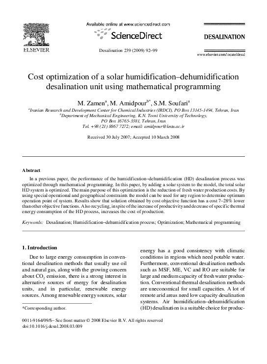 (PDF) Cost optimization of a solar humidification–dehumidification desalination unit using ...
