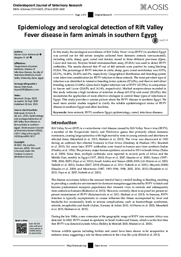 (PDF) Epidemiology and serological detection of Rift Valley Fever ...