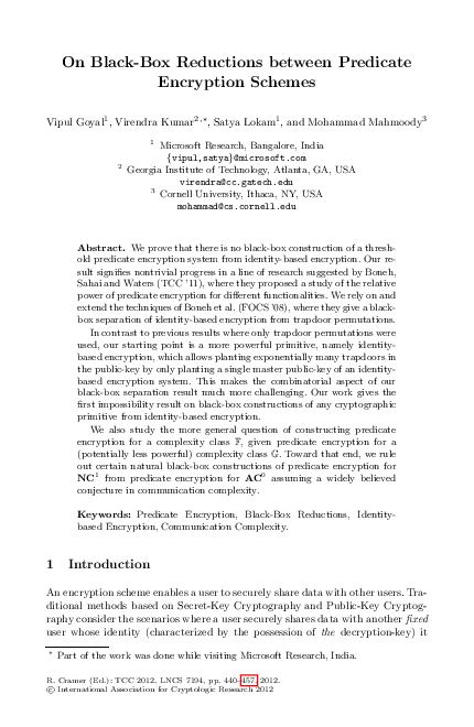 (PDF) On Black-Box Reductions between Predicate Encryption Schemes