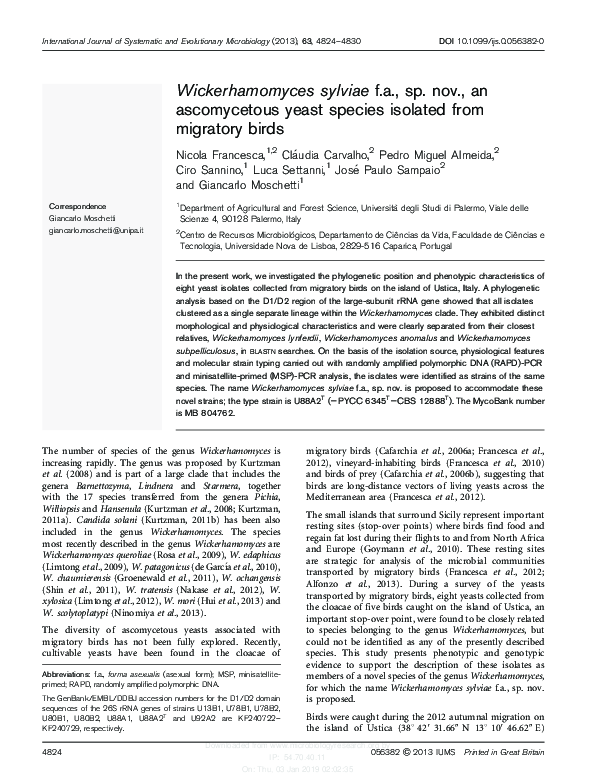 (PDF) Wickerhamomyces sylviae f.a., sp. nov., an ascomycetous yeast ...