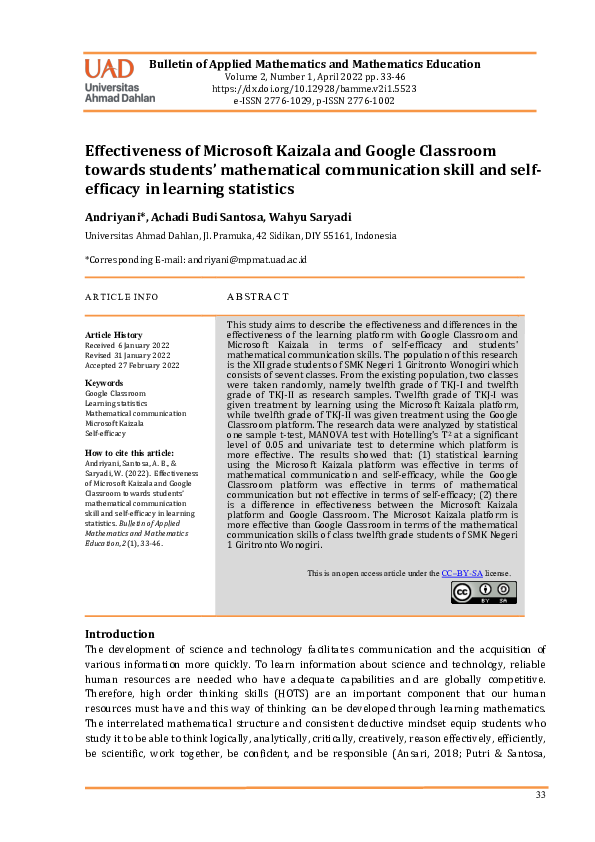 (PDF) Effectiveness of Microsoft Kaizala and Google Classroom towards students’ mathematical ...