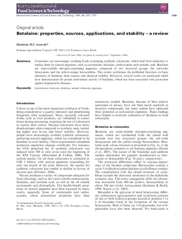 (PDF) Betalains: properties, sources, applications, and stability - a ...