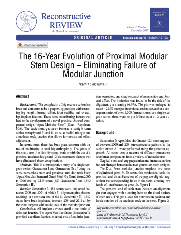 (PDF) The 16-Year Evolution of Proximal Modular Stem Design ...