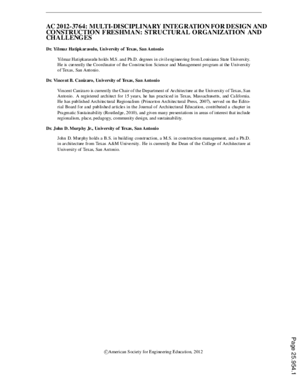 (PDF) Multi-Disciplinary Integration for Design and Construction Freshman: Structural ...