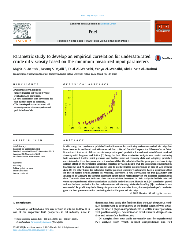 (PDF) Parametric study to develop an empirical correlation for undersaturated crude oil ...