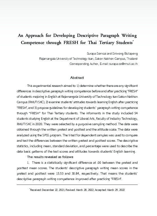 (PDF) An Approach for Developing Descriptive Paragraph Writing Competence through FRESH for Thai ...