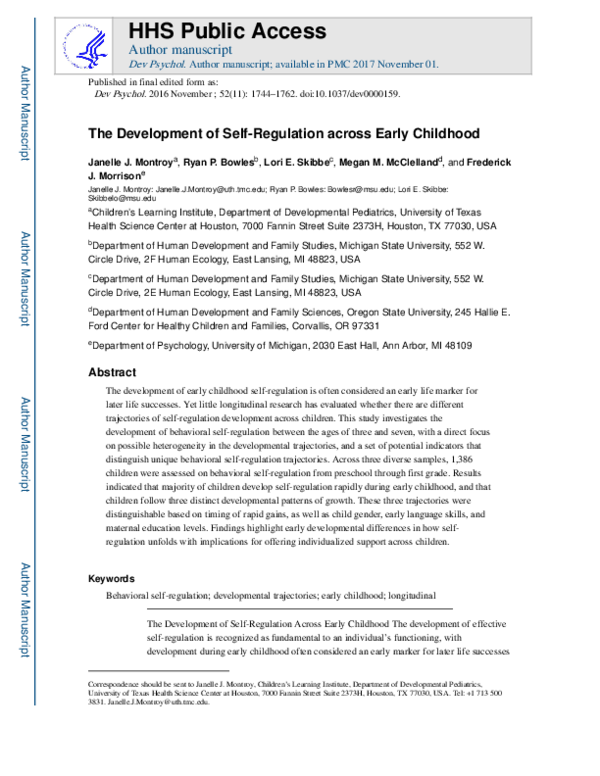 (PDF) The development of self-regulation across early childhood