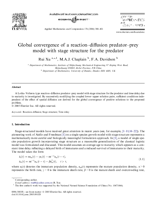 (PDF) Global convergence of a reaction–diffusion predator–prey model with stage structure for ...