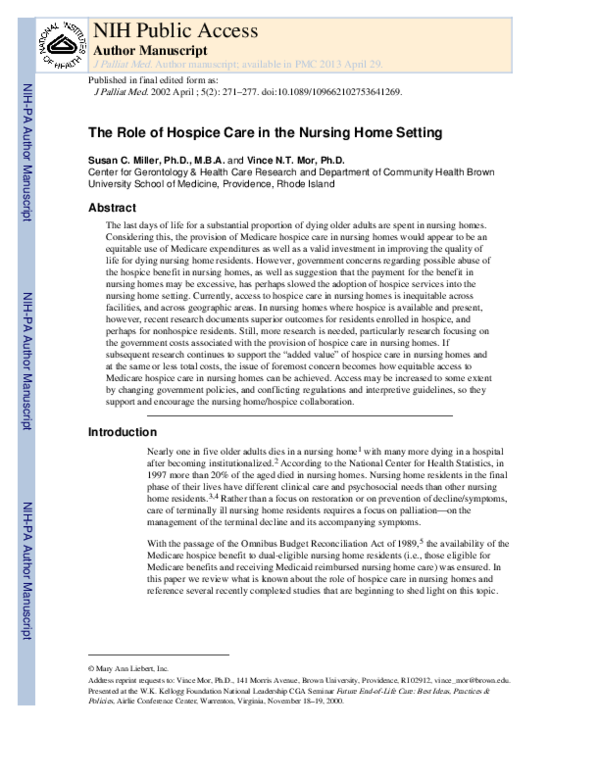(PDF) The Role of Hospice Care in the Nursing Home Setting