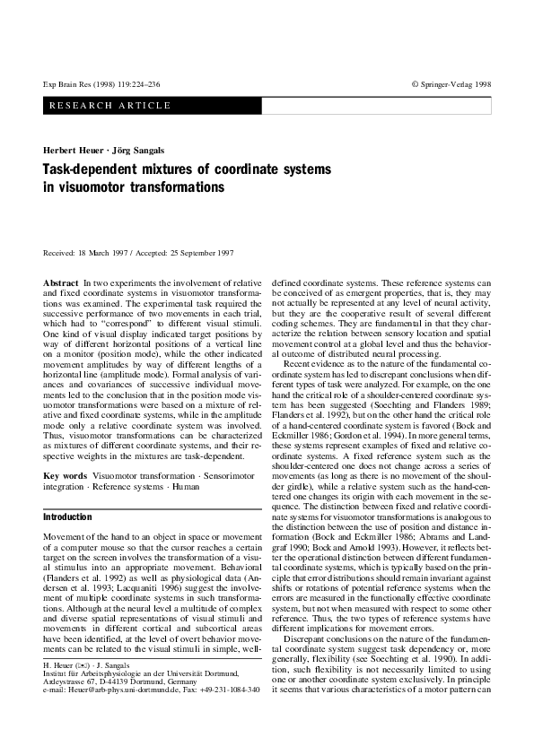 PDF Task dependent Mixtures Of Coordinate Systems In Visuomotor PDF Task dependent Mixtures Of Coordinate Systems In Visuomotor