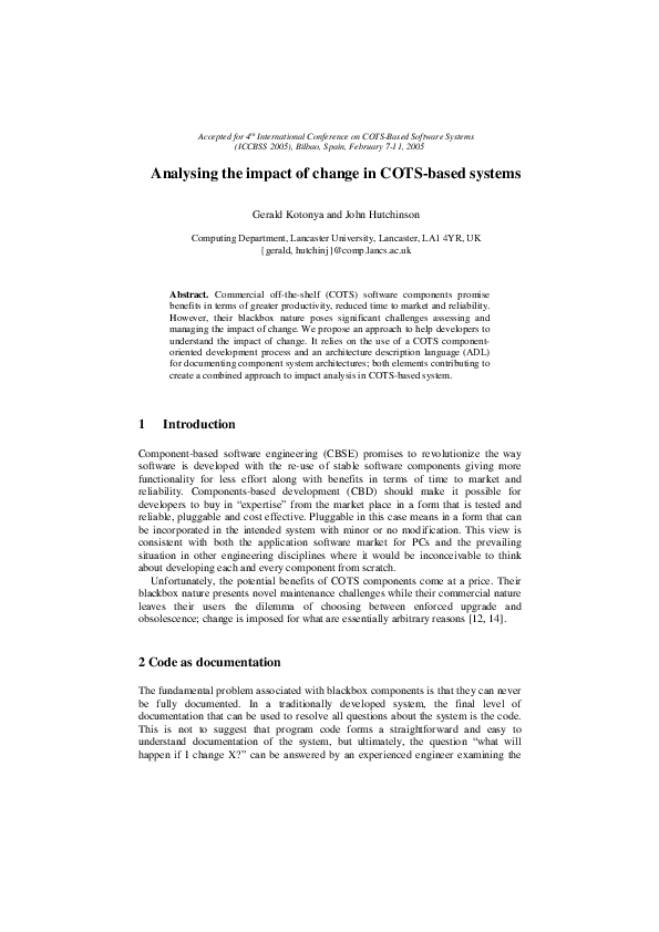 (PDF) Analysing the Impact of Change in COTS-Based Systems
