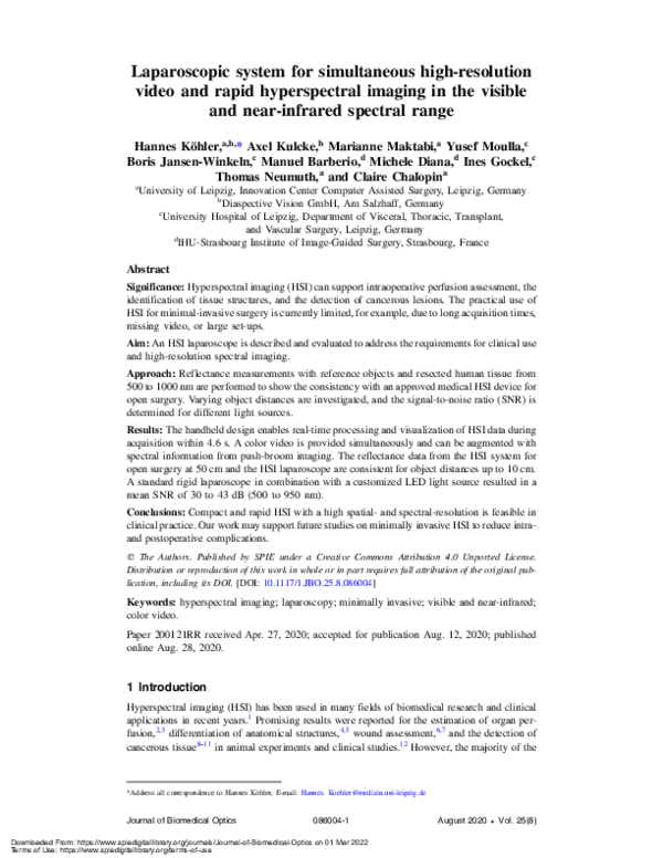 (PDF) Laparoscopic system for simultaneous high-resolution video and rapid hyperspectral imaging ...