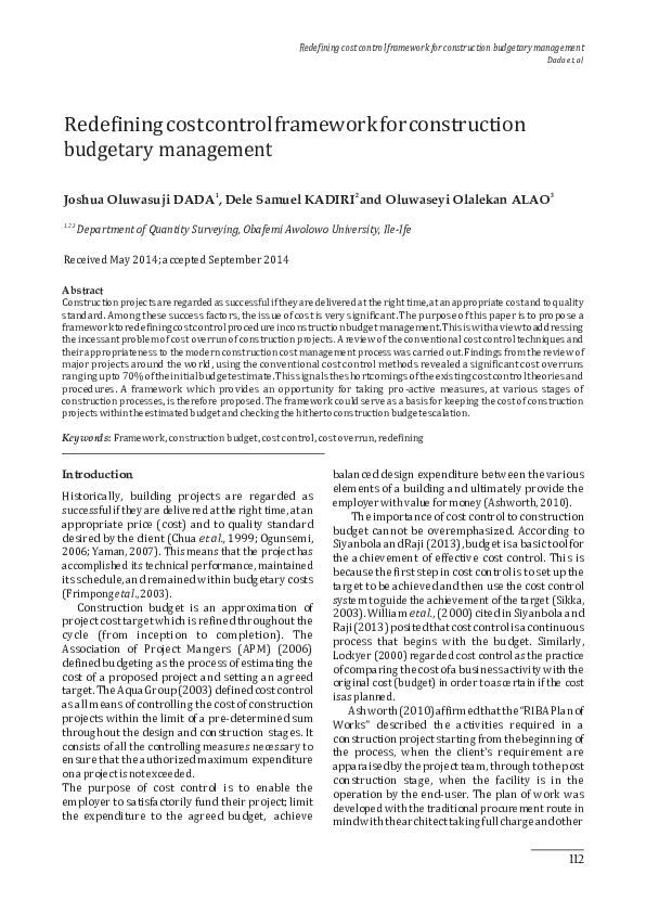 (PDF) Redefining cost control framework for construction budgetary ...