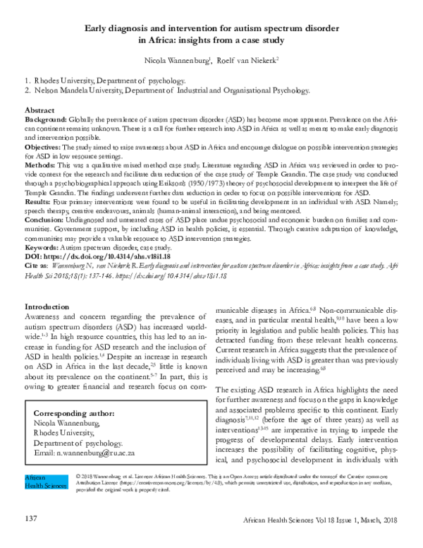 (PDF) Early diagnosis and intervention for autism spectrum disorder in Africa: insights from a ...