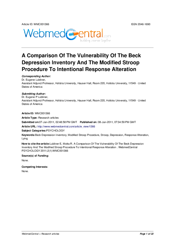 (PDF) A Comparison Of The Vulnerability Of The Beck Depression ...