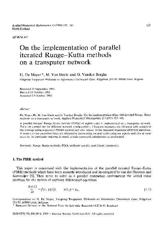 (PDF) On the implementation of parallel iterated Runge-Kutta methods on a transputer network