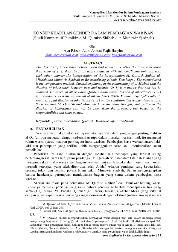(PDF) KONSEP KEADILAN GENDER DALAM PEMBAGIAN WARISAN (Studi Komparatif ...