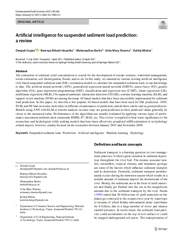 (PDF) Artificial intelligence for suspended sediment load prediction: a review