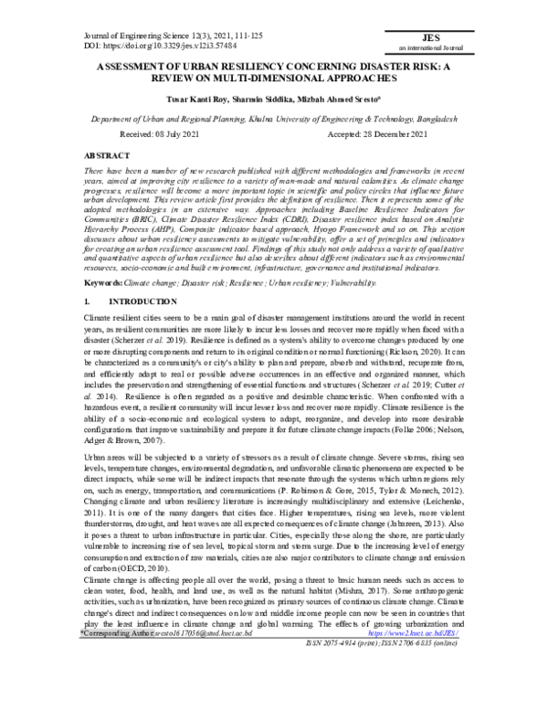 Assessment of Urban Resiliency Concerning Disaster Risk: A Review on Multi- Dimensional Approaches