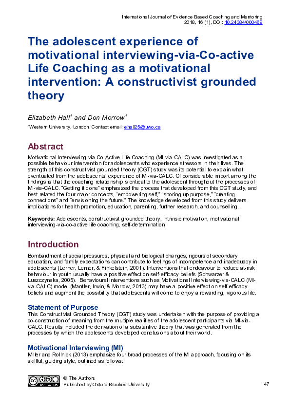 (PDF) The adolescent experience of motivational interviewing-via-Co-active Life Coaching as a ...