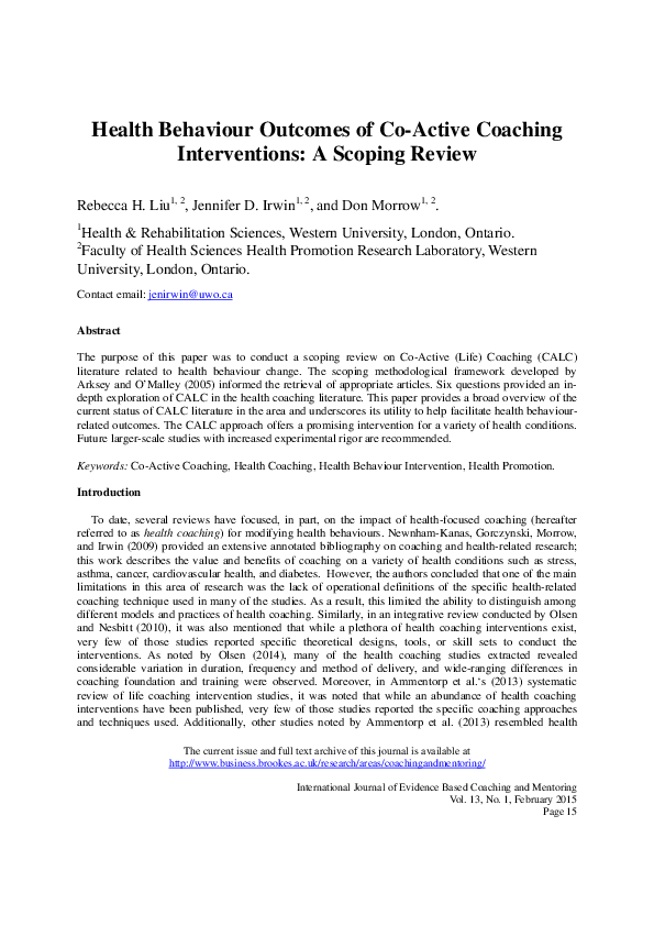 (PDF) Health Behaviour Outcomes of Co-Active Coaching Interventions: A ...
