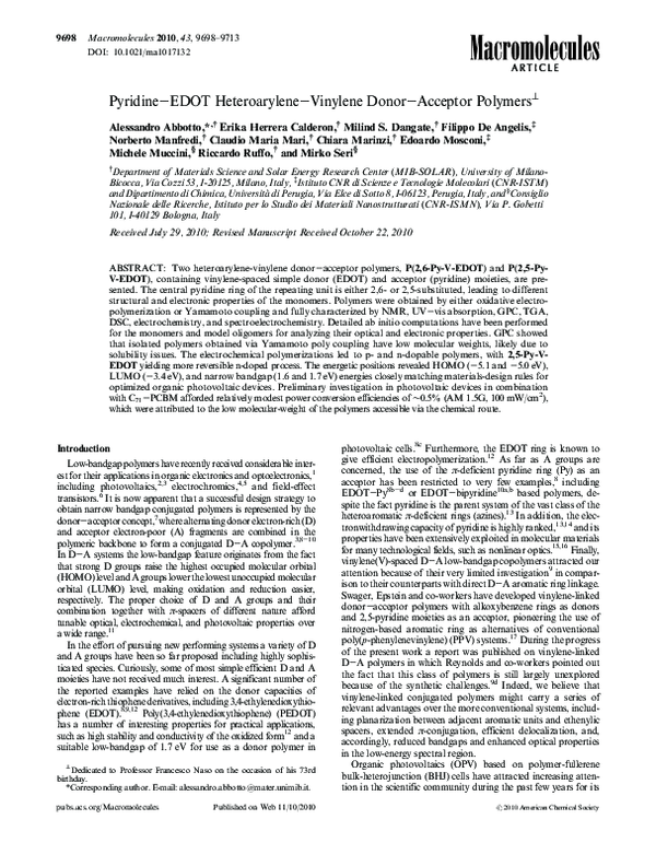 (PDF) Pyridine−EDOT Heteroarylene−Vinylene Donor−Acceptor Polymers ⊥