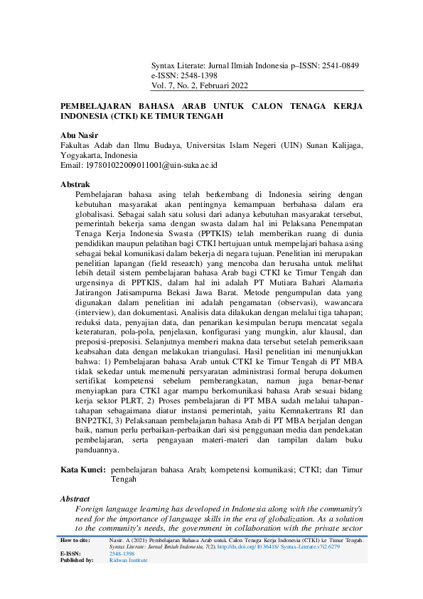 (PDF) Pembelajaran Bahasa Arab untuk Calon Tenaga Kerja Indonesia (CTKI ...