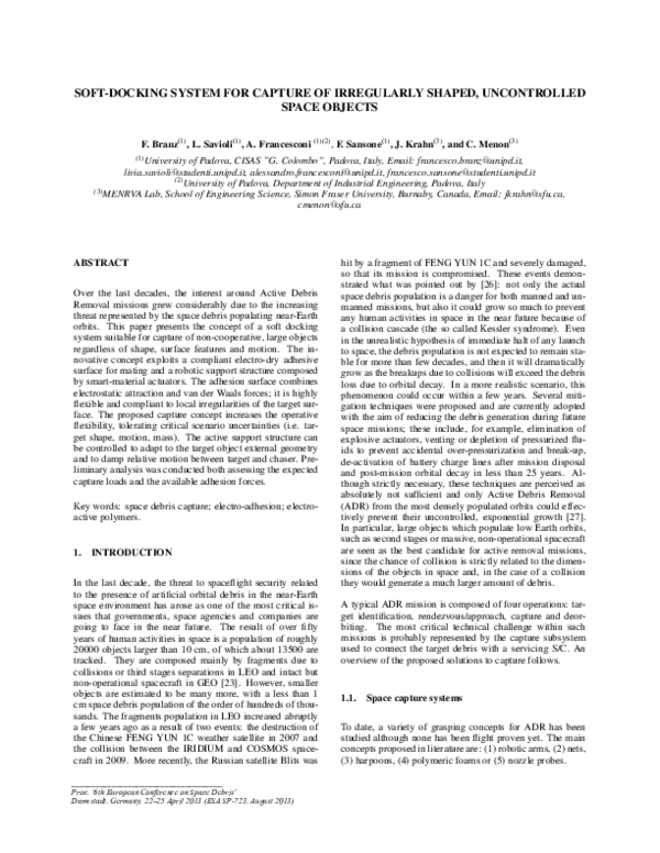 (PDF) Soft-Docking System for Capture of Irrecularly Shaped, Uncontrolled Space Objects