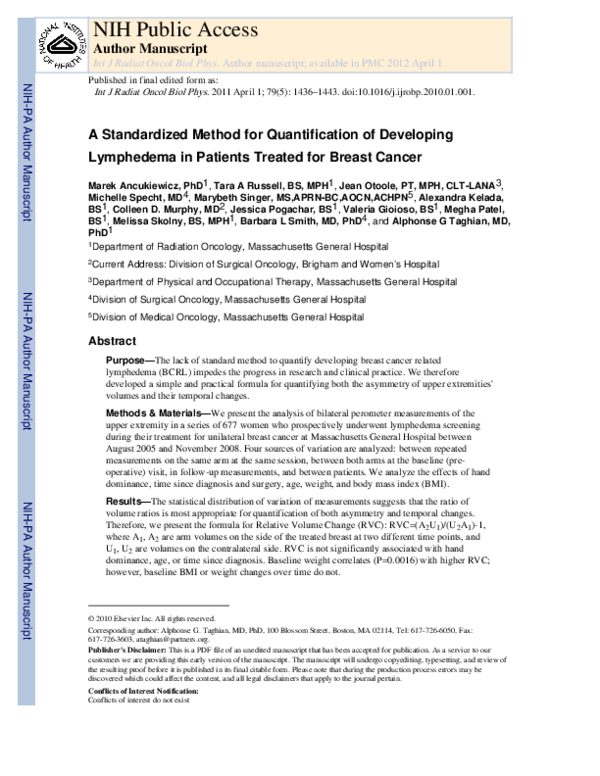 (PDF) Standardized method for quantification of developing lymphedema ...