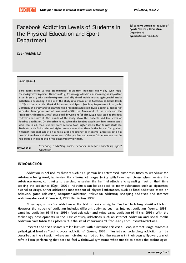 (PDF) Facebook Addiction Levels of Students in the Physical Education ...