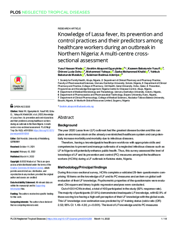 (PDF) Knowledge of Lassa fever, its prevention and control practices and their predictors among ...