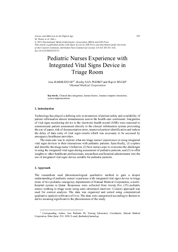 (PDF) Pediatric Nurses Experience with Integrated Vital Signs Device in ...