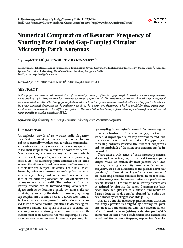 (PDF) Numerical Computation of Resonant Frequency of Shorting Post Loaded Gap-Coupled Circular ...