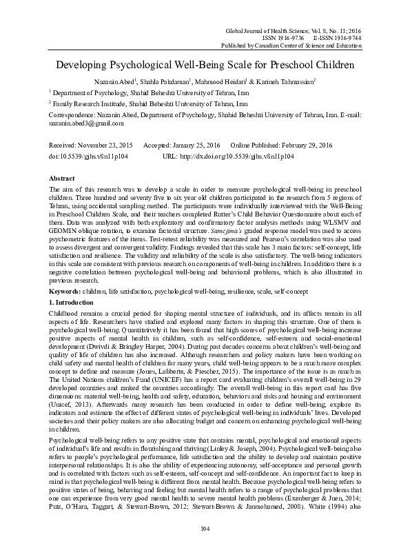 (PDF) Developing Psychological Well-Being Scale for Preschool Children