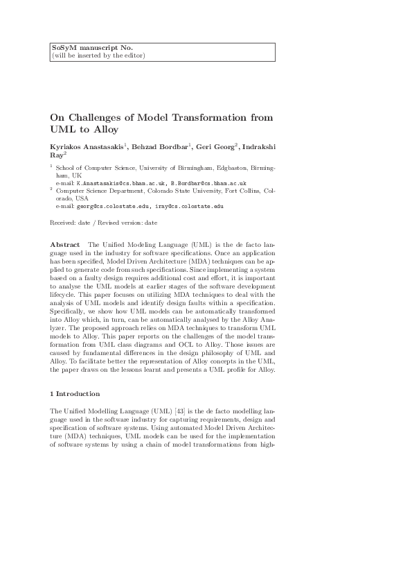 Pdf On Challenges Of Model Transformation From Uml To Alloy