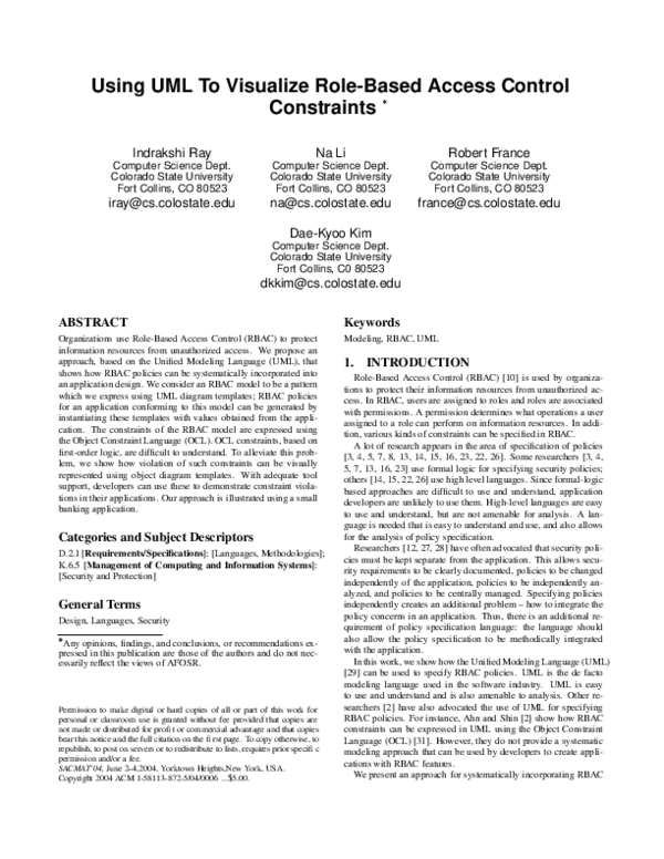 Pdf Using Uml To Visualize Role Based Access Control Constraints 