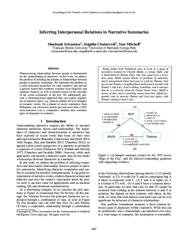 (PDF) Inferring Interpersonal Relations in Narrative Summaries