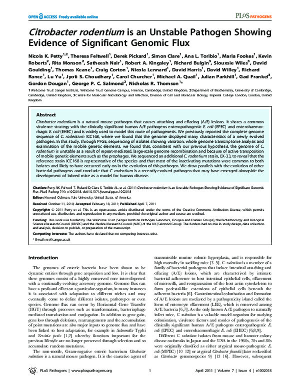(PDF) Citrobacter rodentium is an Unstable Pathogen Showing Evidence of ...