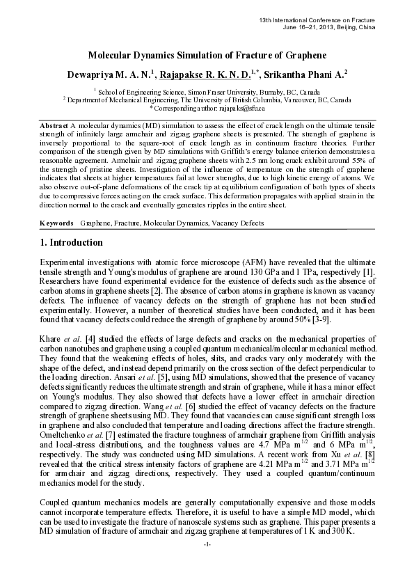 Pdf Molecular Dynamics Simulation Of Fracture Of Graphene Nimal