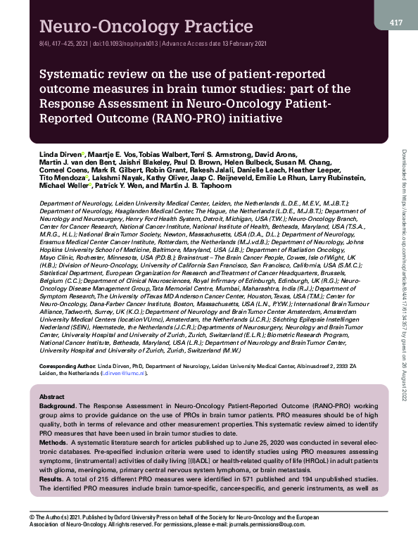 (PDF) Systematic review on the use of patient-reported outcome measures in brain tumor studies ...