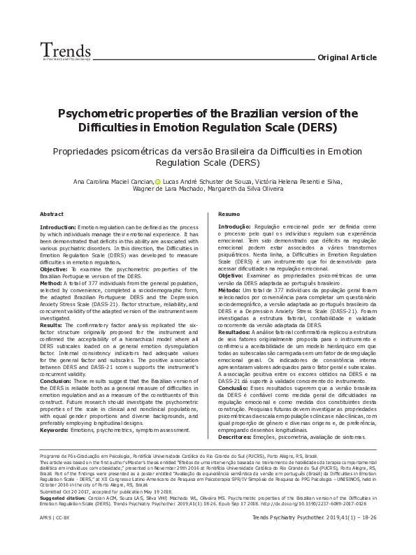 (PDF) Psychometric properties of the Brazilian version of the Difficulties in Emotion Regulation ...